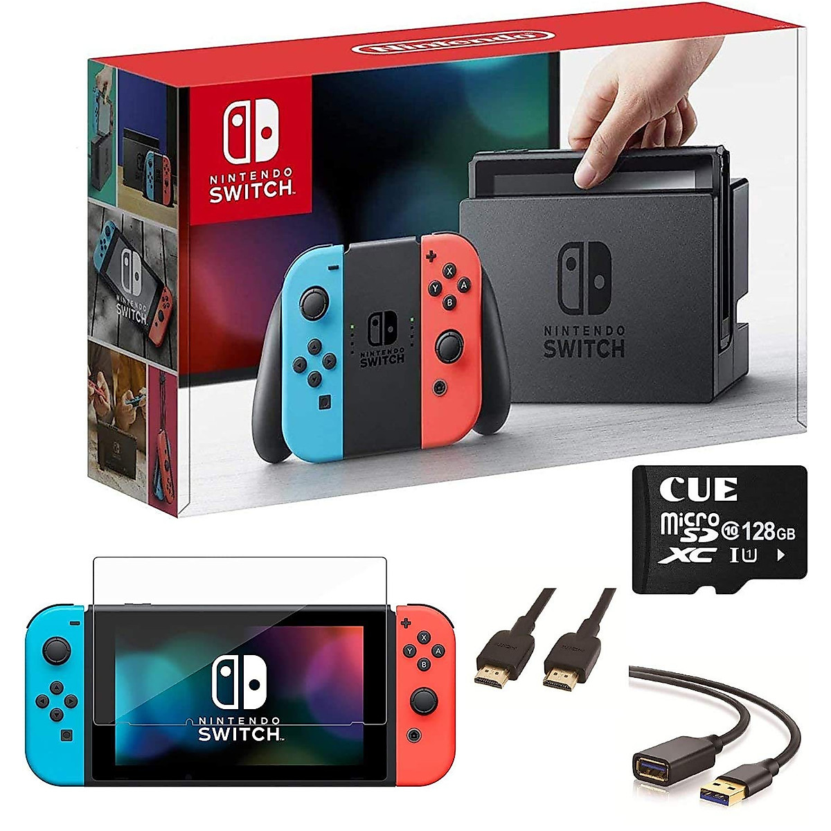 Newest Nintendo Switch with Neon Blue and Neon Red Joy-Con - 6.2" Touchscreen Display, 32GB Internal Storage - Family Christmas Holiday Gaming Bundle w/CUE Accessories