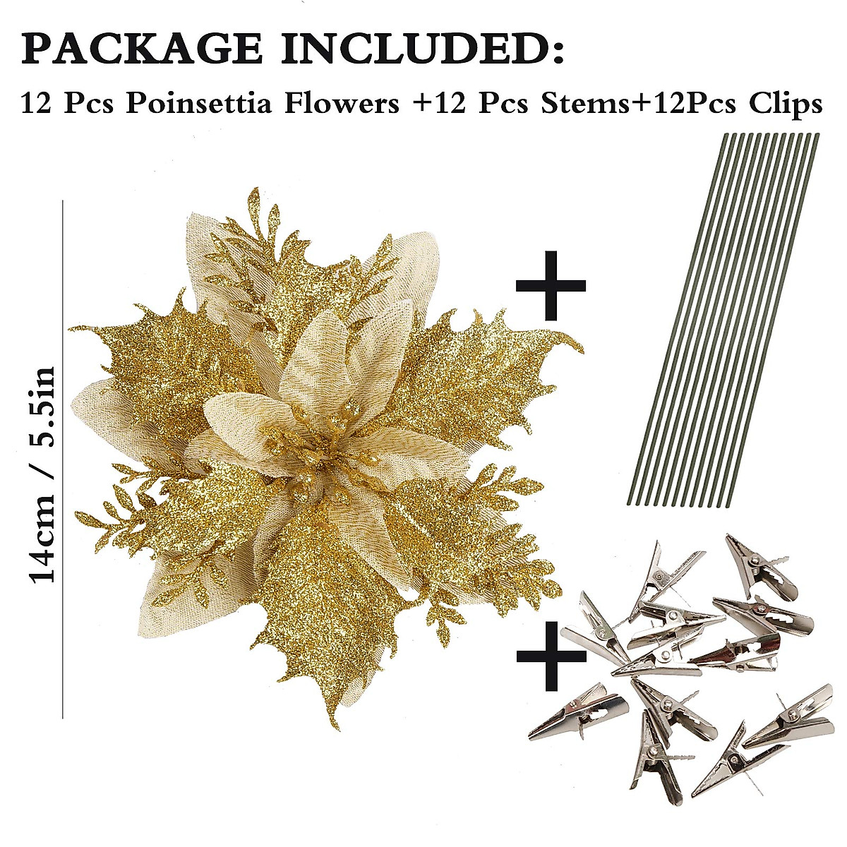 GREENTIME 12 Pcs Glitter Poinsettia 5.5" Artificial Flowers Christmas with Clips Stems Xmas Tree Ornaments for Wedding Party Wreath Decoration (Golden)