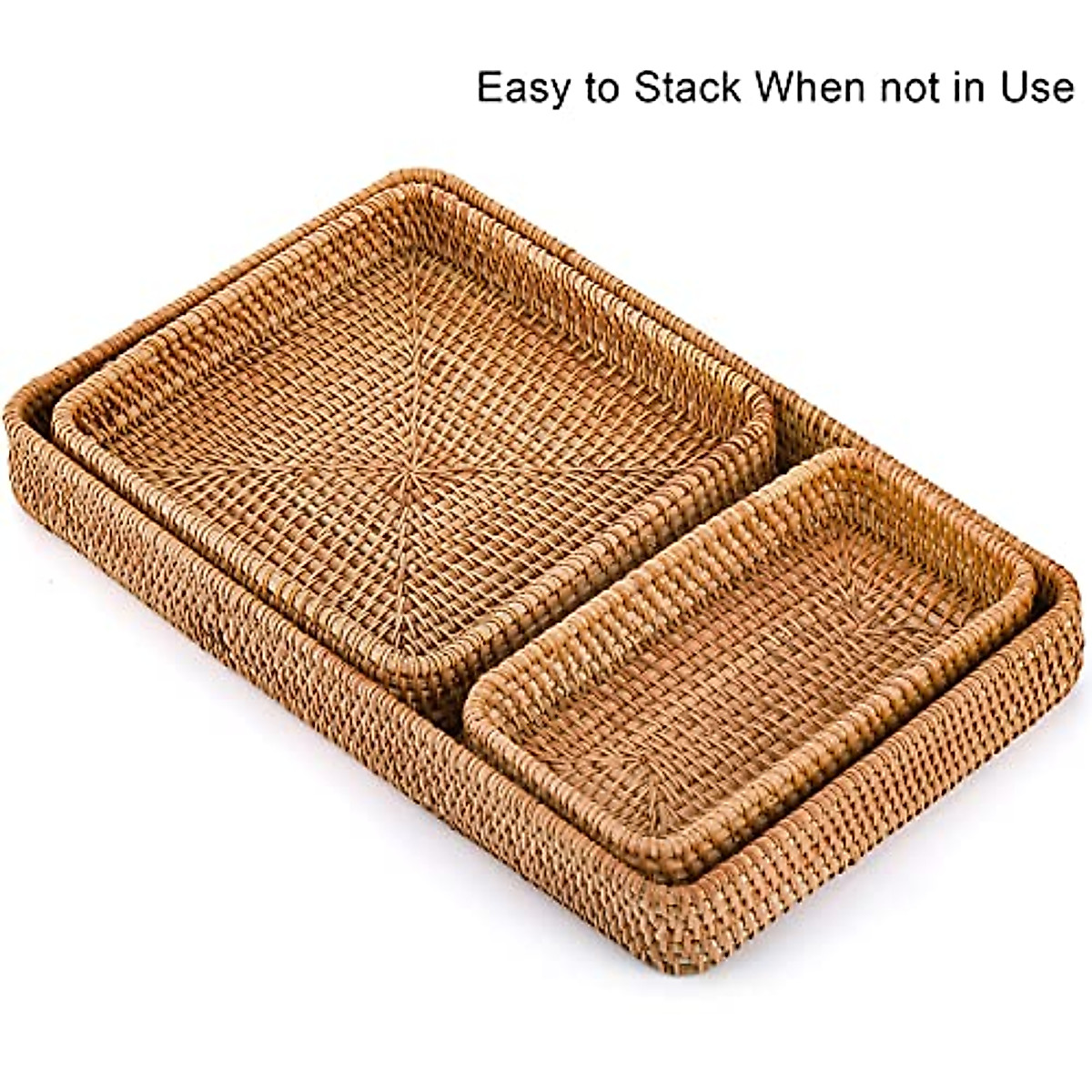 Hacaroa 3 Pack Rectangular Rattan Serving Tray, Hand Woven Wicker Basket Decorative Nesting Tray, Natural Weaving Storage Basket Tray Organizing Platter for Bread, Fruit, Drinks, Snack, 3 Sizes