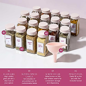 Paris Hilton Glass Spice Jar Storage Set, 4-Ounce Empty Spice Jars with Labels, Shaker Caps and Metal Lids, Collapsible Funnel Included, 20-Piece, Pink