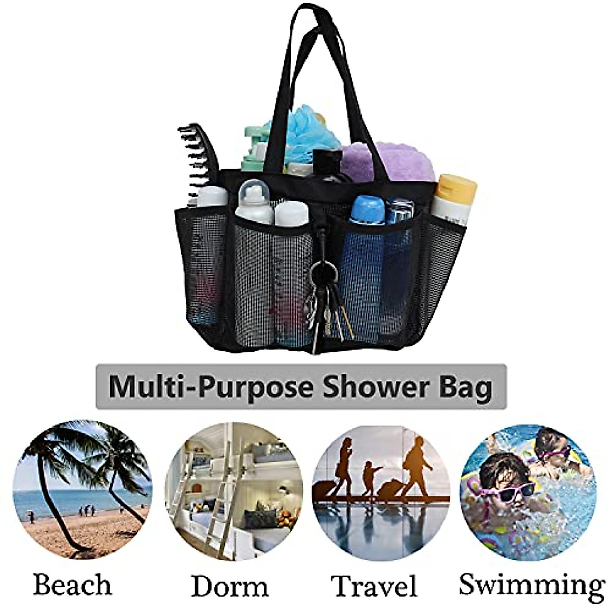 Mesh Shower Caddy Portable for College Dorm Room Essentials, Hanging Large Shower Tote Bag Toiletry Organizer with Key Hook for Bathroom Accessories(black)