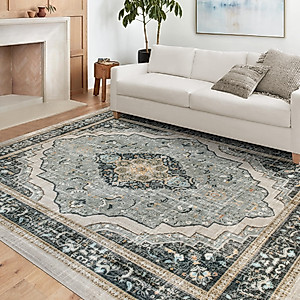 MFTKB Washable Rugs 5x7, Sage Green Rug Soft Vintage Area Rug for Living Room, Low Pile Boho Rug Large Stain Resistant Floor Carpet for Bedroom, Dining, Nursery, Office