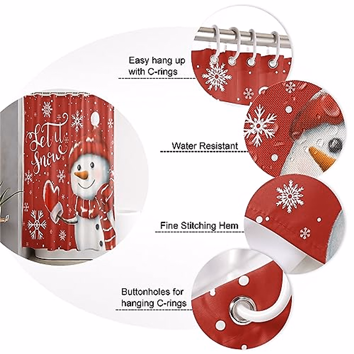 Waterproof Fabric Shower Curtain, Red Snowman Christmas Shower Curtain for Bathroom Curtains Bathtubs Hotel Washable Bath Shower Curtains with 12 Hooks Winter Snowflake Xmas Let-It-Snow 54x78in