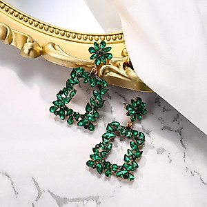 BriLove St.Patrick's Day Earrings Art Deco Sparkly Rhinestone Marquise Rectangle Flower Statement Dangle Earrings for Women Emerald Color Gold-Tone