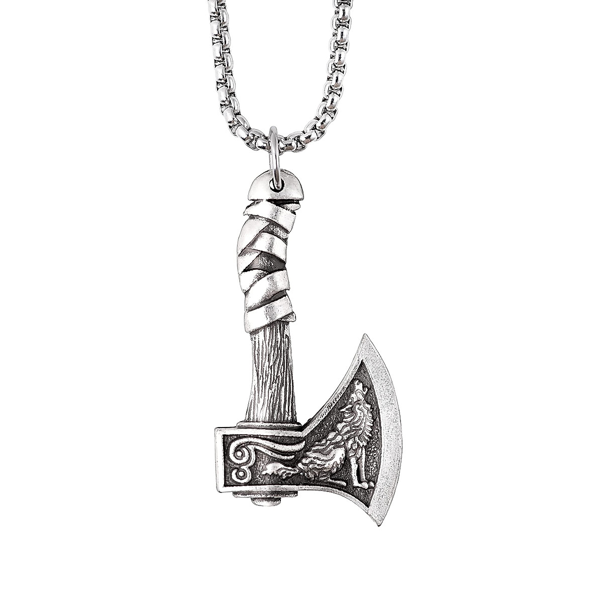 HAQUIL Viking Battle Axe Necklace, Wolf Raven Axe Amulet Pendant, Stainless Steel Box Chain, Authentic Viking Jewelry Men (AD)
