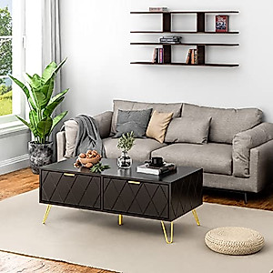 Scurrty 39.4'' Coffee Table with Large Drawers & 2 Open Storage Shelves, Black Modern Coffee Tables with Gold Metal Handles for Living Room, Bedroom and Study (Black)