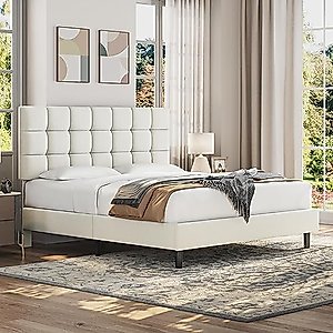 Yaheetech Queen Upholstered Bed Frame, Platform Bed Frame with Square Tufted Fabric Headboard Height Adjustable, Wooden Slats Support, No Box Spring Needed, Beige