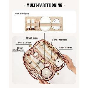 EACHY Travel Makeup Bag,Large Capacity Cosmetic Bags for Women,Waterproof Portable Pouch Open Flat Toiletry Bag Make up Organizer with Divider and Handle (Large-Brown, Large)