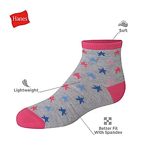 Hanes Girls' Big, Ankle and No Show Fashion, Soft Socks, 12-Pack, Ankle-Grey/Blue/Pink/Lavender-12 Pack, Medium