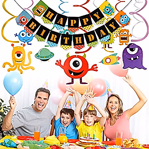 Konsait Monster Bash Birthday Party Decorations, Monster Hanging Swirl Decoration and Happy Birthday Banner for Boys Girls Kids Birthday Party Supplies