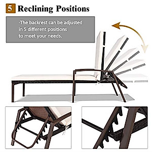 Tangkula Patio Rattan Lounge Chair, Outdoor Reclining Chaise Lounge with Cushion and Armrest, Wicker Sun Lounger with Adjustable Backrest for Garden, Balcony, Poolside (1, Beige)