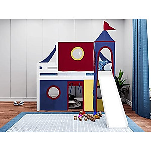 JACKPOT! Castle Low Loft Bed with Slide Red & Blue Tent and Tower, Loft Bed, Twin, White