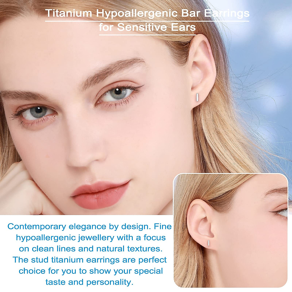 VGACETI Titanium Earrings, Hypoallergenic Bar Stud Earrings for Sensitive Ears Women Men, Premium High Polished (Shiny Grey Bar)