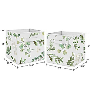Sweet Jojo Designs Floral Leaf Foldable Fabric Storage Cube Bins Boxes Organizer Toys Kids Baby Childrens - Set of 2 - Green and White Boho Watercolor Botanical Woodland Tropical Garden