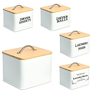 ZOES HOMEWARE Farmhouse Laundry Room Organization & Storage | Dryer Sheet,Dryer Ball,Laundry Pods Container & Holder with Bamboo Lid | Laundry Room Essential Accessories | Minimalist Boho Themed Decor