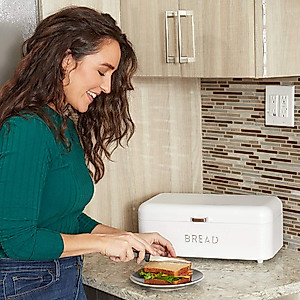 Home Basics Bread Box For Kitchen Countertop, Metal, (White), Vented With Hinge Top and Non-Skid Feet | Large Bread Box | Keeps Loaves, Bagels, Croissants Fresh