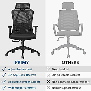 Primy Ergonomic Office Chair,High Back Desk Chair with Adjustable Headrest with 2D Arms,Lumbar Support and PU Wheels,Big and Tall Office Chair for Home and Office,Tilt Function Computer Chair (18-H)