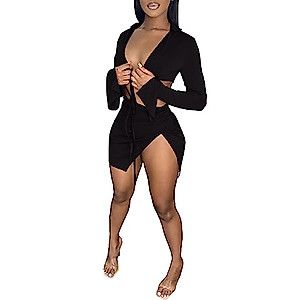 SUZONANA Black Sexy 2 Piece Club Outfits for Women Two Piece Mini Skirt Sets Crop Top Clubwear Swimsuits Y2K Going Out M