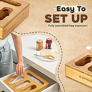 Spirack Ziplock bag organizer-Kitchen Drawer Organizer, Pantry Organization and Storage-Compatible with Gallon, Quart, Sandwich, and Snack Food Bags, Bamboo Baggie Organizer, with Hinged Lid (4 Slot)