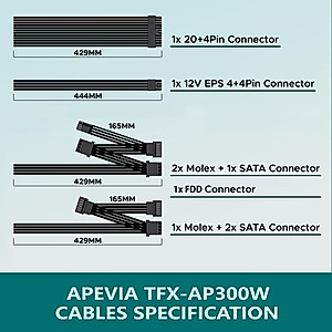Apevia TFX-AP300W Standard Flex ATX 300W Power Supply - 115-230V AC, 1 x 20/24Pin Main Power, 1 x 12V(P4), 3 x Pheripheral, 3 x SATA, 1 x Floppy