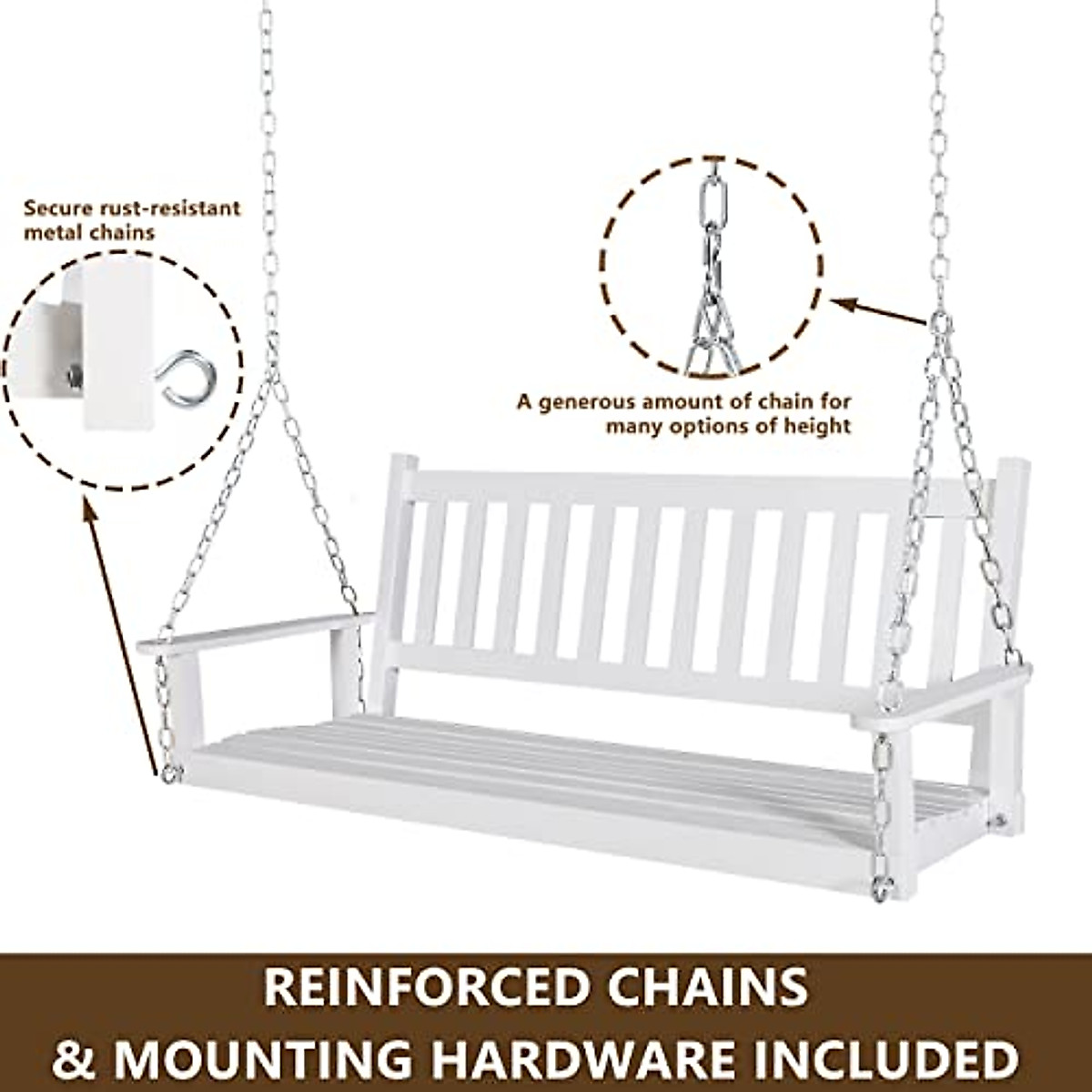 MUPATER Outdoor Patio Hanging Wooden Porch Swing 5FT with Chains, 3-Person Heavy Duty Swing Bench for Garden and Backyard, White