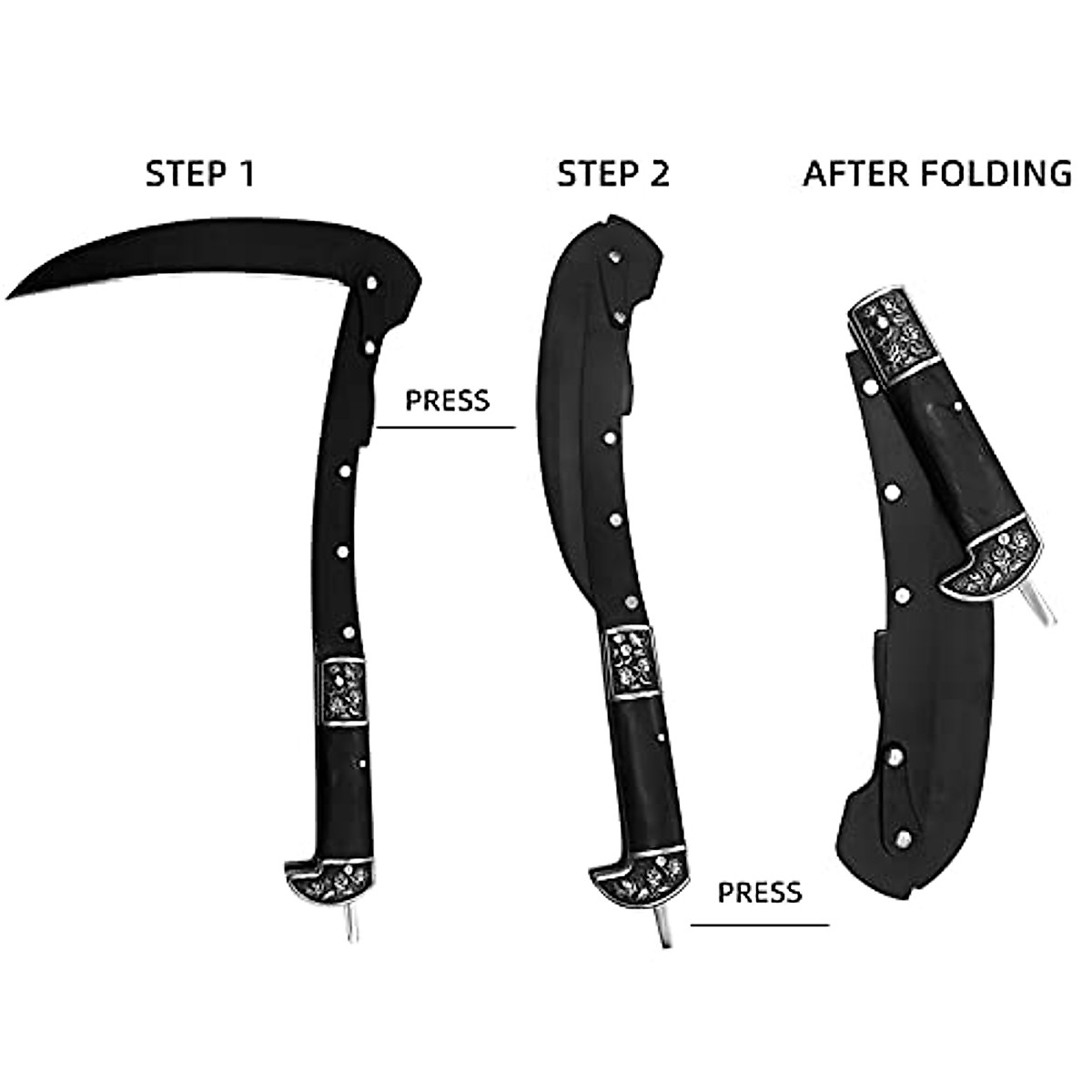 Black Sharp Edge Folding Sickle Weeder Gargening Hand Tool Portable Safety Wooden Handle Manual Grass Lawn with Sheath