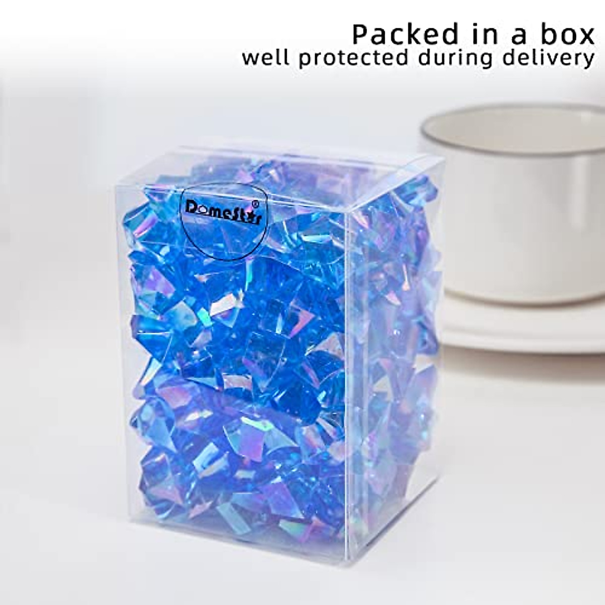 DomeStar 180PCS Iridescent Blue Fake Ice, Dazzling Blue Fake Diamonds Acrylic Ice Rocks Sparkling Plastic Gems for Christmas Vases Fillers Winter Table Scatters Home Decor