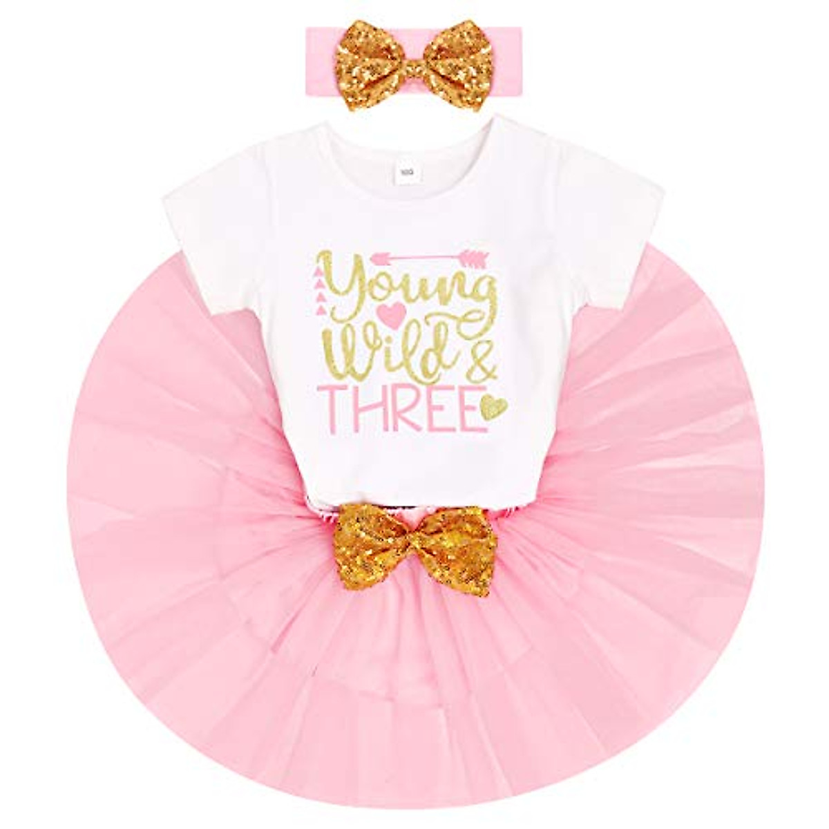 Baby Girls 1st/2nd/3rd Birthday Princess Cake Smash Baptism Tutu Party Dress Short Sleeve Top Romper Shirt+Ruffle Tulle Skirt+Sequin Bow Headband 3PCS Summer Outfit Pink-Young Wild Three 3T