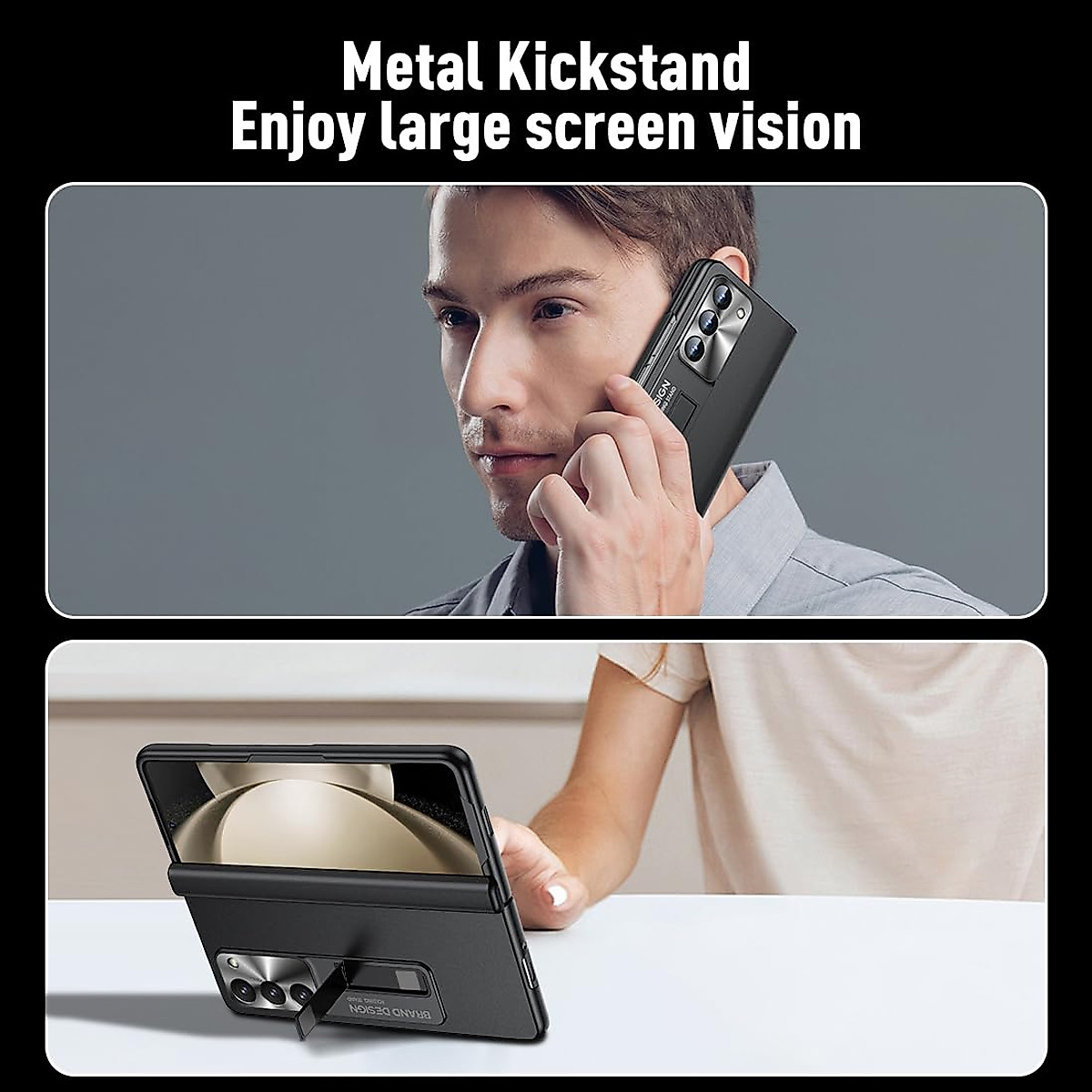 LEIAU for Samsung Galaxy Fold 5 Case: Luxury Genuine Leather case with Full Cover Hinge Protection & Screen Protector & Kickstand - Shockproof Protective Phone Case for Galaxy Z Fold 5 5G 2023 Black