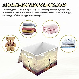 Kigai Old White Lighthouse Storage Basket with Lid Collapsible Storage Bin Fabric Box Closet Organizer for Home Bedroom Office 1 Pack