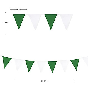 32Ft Green and White Banner Party Decorations Triangle Flag Fabric Banner Cotton Pennant Bunting Garland for Christmas Wedding Birthday Home Nursery Outdoor Garden Hanging Festivals Decoration
