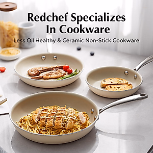 Redchef Nonstick Frying Pans Set, Ceramic Pan Skillet, Non Toxic Pans for Cooking, 8" 9.5" 11" Ceramic Frying Pan Set PFAS & PTFE & PFOA Free with Stay Cool Handle, Dishwasher & Oven Safe, Beige White