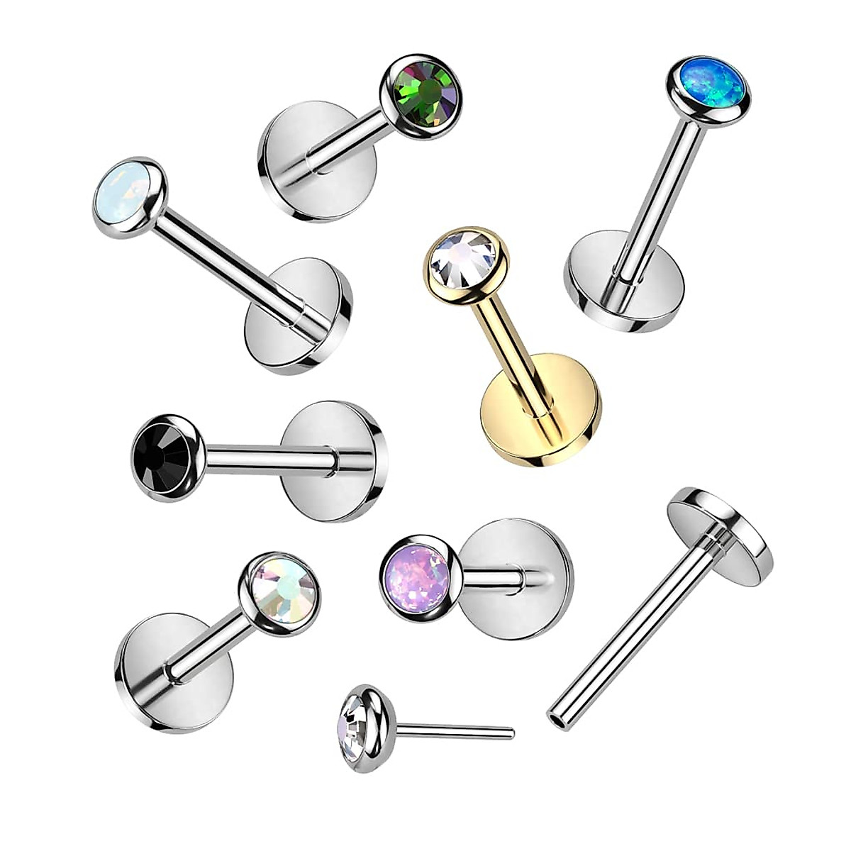 Amelia Fashion 18 GA Implant Grade Titanium Threadless Push In Labret, Flat Back Stud With Round Flat Bezel Set CZ or Opal Top (Choose Color) (Vitrail Medium)