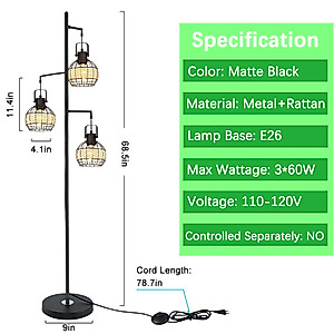 DLLT Industrial Floor Lamp, 3-Light Farmhouse Tree Standing Lamps with Metal Rattan Cage Shape, Tall Pole Reading Lighting for Corner Living Room Bedroom Office, 3000K 8W E26 Bulbs Included, UL Listed