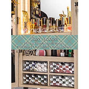 LUXFURNI 62.6" Standing Mirror with Storage, LED Light Mirror Jewelry Cabinet Armoire, Large Jewelry Storage Mirror, Lockable Jewelry Organizer Mirror, Natural