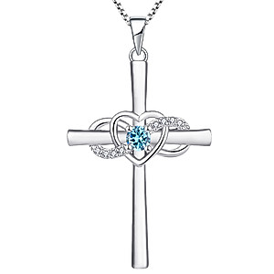 YL Women's Cross Necklace Sterling Silver Infinity Heart Crucifix Pendant Created Aquamarine Criss Jewelry