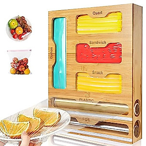 Ziplock Bag Organizer, Bag Storage Organizer for Kitchen Drawer, Plastic Wrap Dispenser with Cutter, 6 IN 1 Bamboo Foil and Plastic Wrap Organizer, Compatible with Gallon Quart Sandwich and Snack Bag