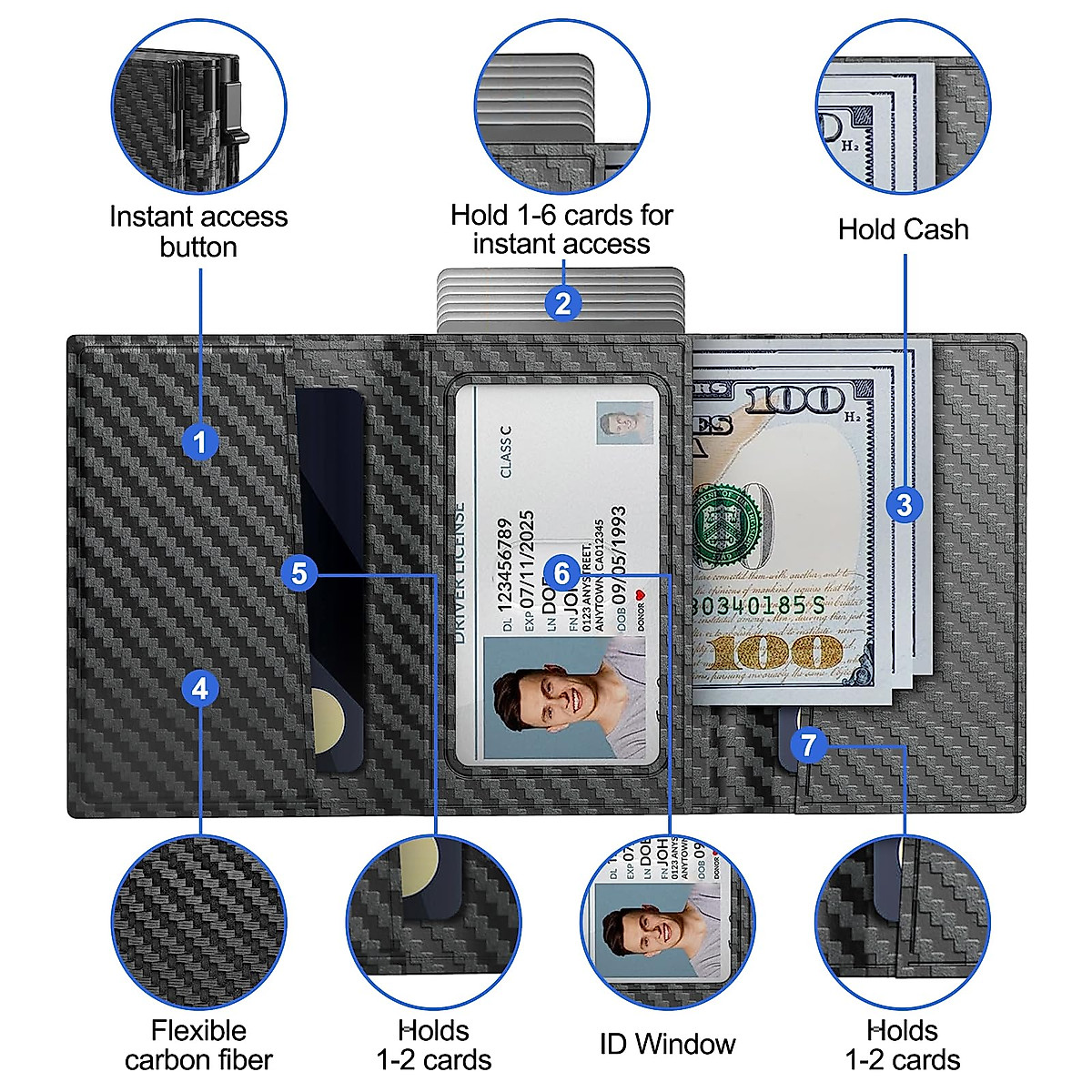 Trifold Wallet for Men with AirTag Holder, Smart Mens Wallet, Pop-Up Card Holder, Cash Slot, Carbon Fiber Case, RFID Blocking, Minimalist Slim Leather Groove Wallet, ID Window, with Gift Box