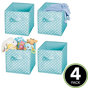 mDesign Soft Fabric Closet Storage Organizer Cube Bin Box, Handle - Storage for Baby Child/Kids Room, Nursery, Toy Room, Furniture Units, Shelf, 4 Pack - Turquoise/White Polka Dots
