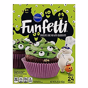 Pillsbury Funfetti Halloween Bundle, 1 of each Chocolate Slime Cake Mix and Halloween Cake Mix, 1 of each Frosting with Sprinkles, Black Chocolate and Orange Vanilla (Pack of 4) with By The Cup Spreader