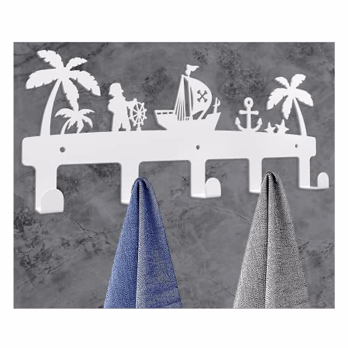 YuanOcean Adventurer Pool Beach Towel Rack for Bathroom Kitchen Robes Coat Hanger Indoor Outdoor Wall Mounted Towel Holder Rustproof and Waterproof Metal - 5 Hooks 16 Inch (White)