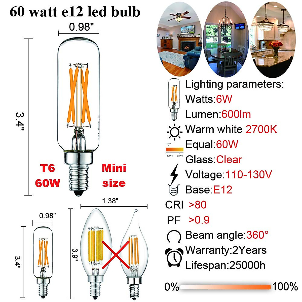 LiteHistory LED Bulb Dimmable 6W Equal Warm White 2700K T6 T25 E12 Candelabra Bulb 60 watt for Chandeliers,Ceiling Fan,Pendant,Wall sconces AC120V 600LM e12 Light Bulb 6Pack