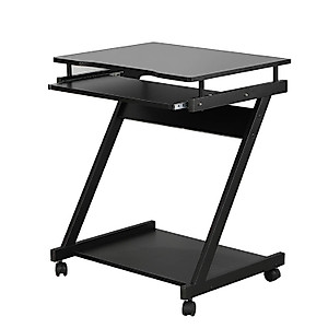soges Small Rolling Computer Desk, Z Shape Laptop Desk Cart on Wheels, Mobile Computer Workstation for Home and Office with Keyboard Tray, Black