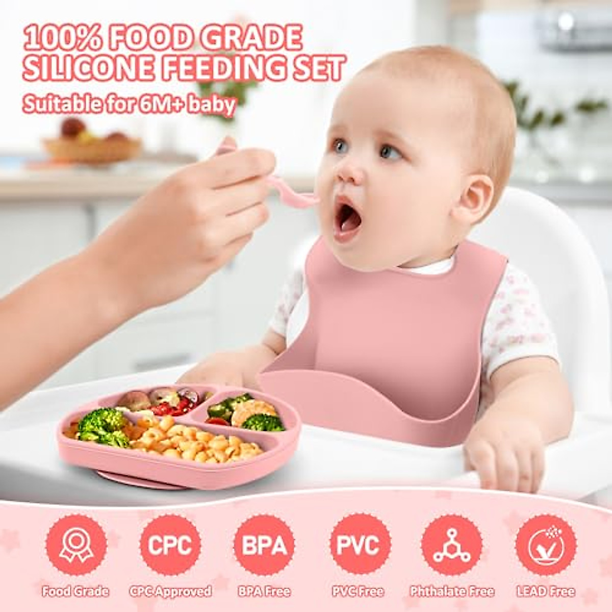 Silicone Baby Feeding Set | Baby Led Weaning Supplies | Toddler Self Feeding Dish Set with Suction Bowl, Divided Plate,Sippy Cup Spoons Forks Teether and Adjustable Bib, Eating Utensils for 6+Months