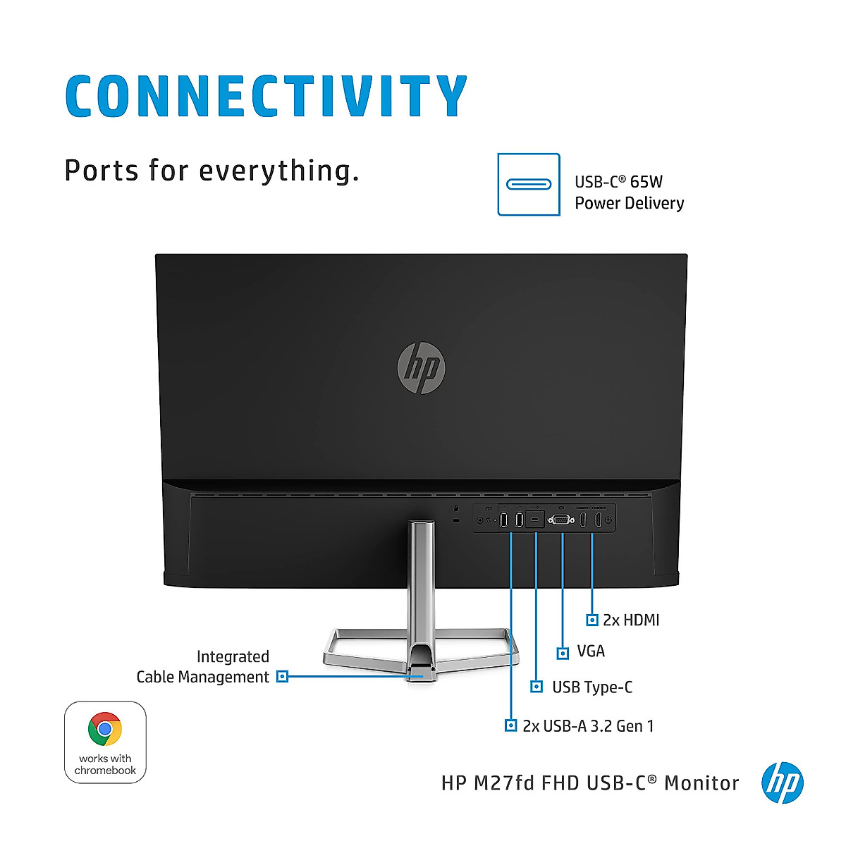HP M27fd FHD 65w USB-C Monitor - Works With Chromebook - Computer Monitor with 27-inch IPS Display(1080p)- Eyesafe & 99% sRGB - AMD Freesync- HDMI, VGA & USB-C - Borderless Design- Tilt Adjust - Black