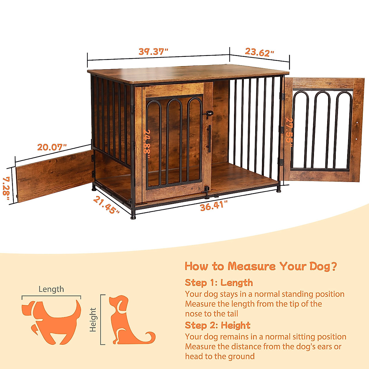 Dog Crate Furniture, 39.37" Double Doors Wooden Dog Kennel End Table, Indoor Dog House End Table Furniture Style for Small/Medium/Large Dogs Anti-Chew Crate,Retro Brown
