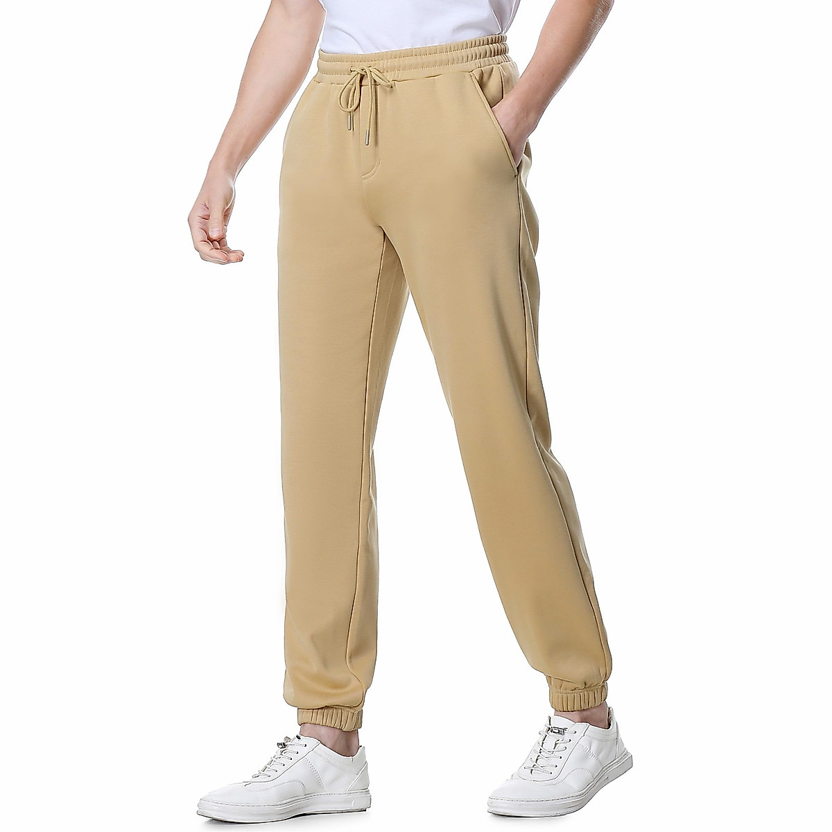 BEARTALON Fleece Sweatpants for Mens Joggers with Pockets Elastic Ankles Drawstring Sweat Pants for Casual Golf Workout Khaki S