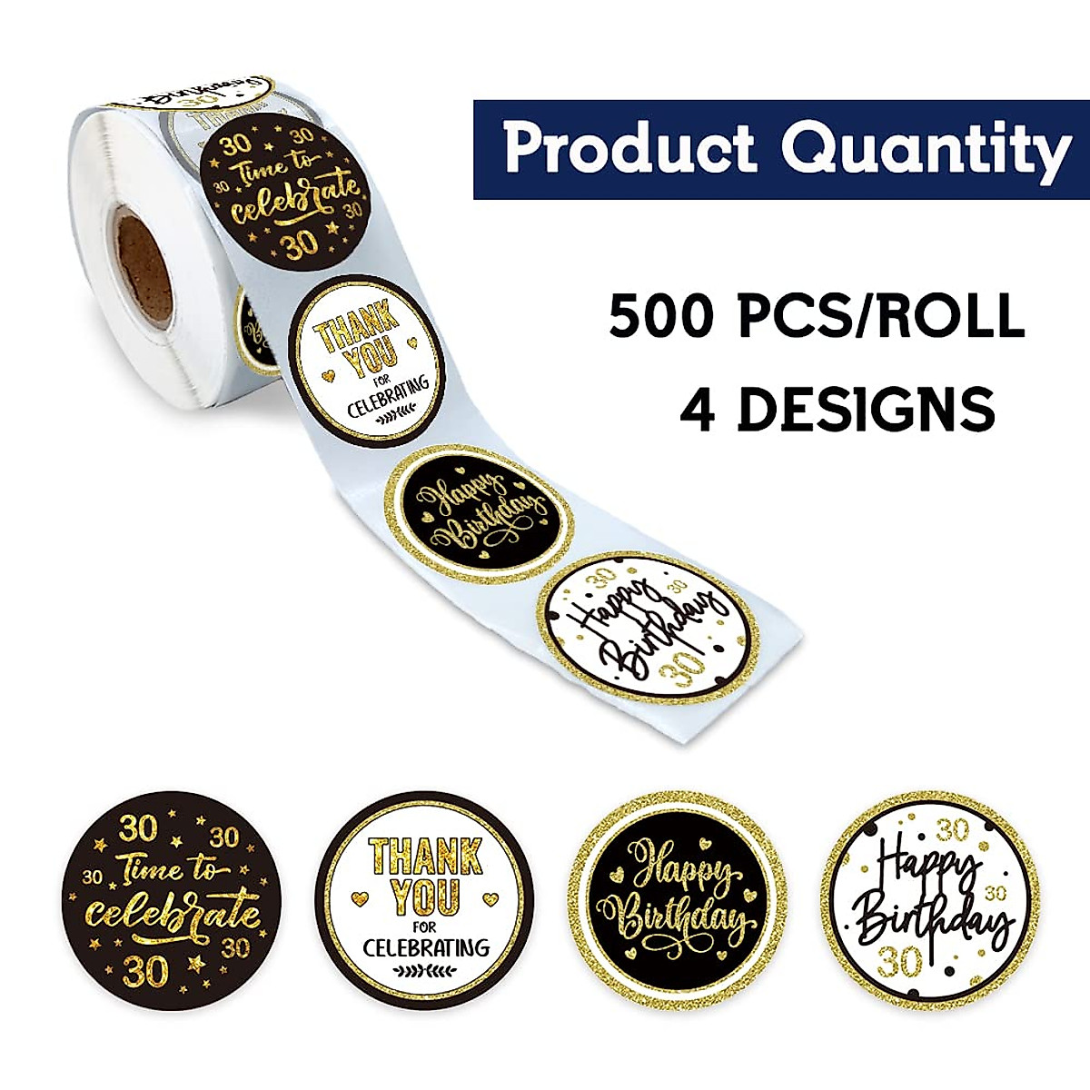 REWIDPARTY Gold 30th Birthday Stickers (500 per Roll, Round, Paper, Waterproof, 1.5'' Diameter) - Party Decorations, Anniversary, Classmate, Company Party Favors
