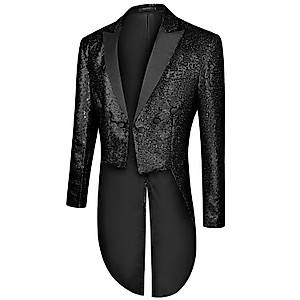MAGE MALE Mens Sequin Tuxedo Jacket Tails Slim Fit Tailcoat Dress Coat Swallowtail Dinner Party Wedding Blazer Suit Jacket Black