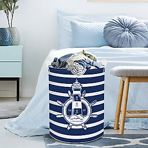 Clastyle 45L Nautical Compass Laundry Hamper Waterproof Collapsible Navy Stripe Laundry Baskets with Drawstring Bedroom Living Room Nursery Storage Basket with Handle, 14 * 17.7 in